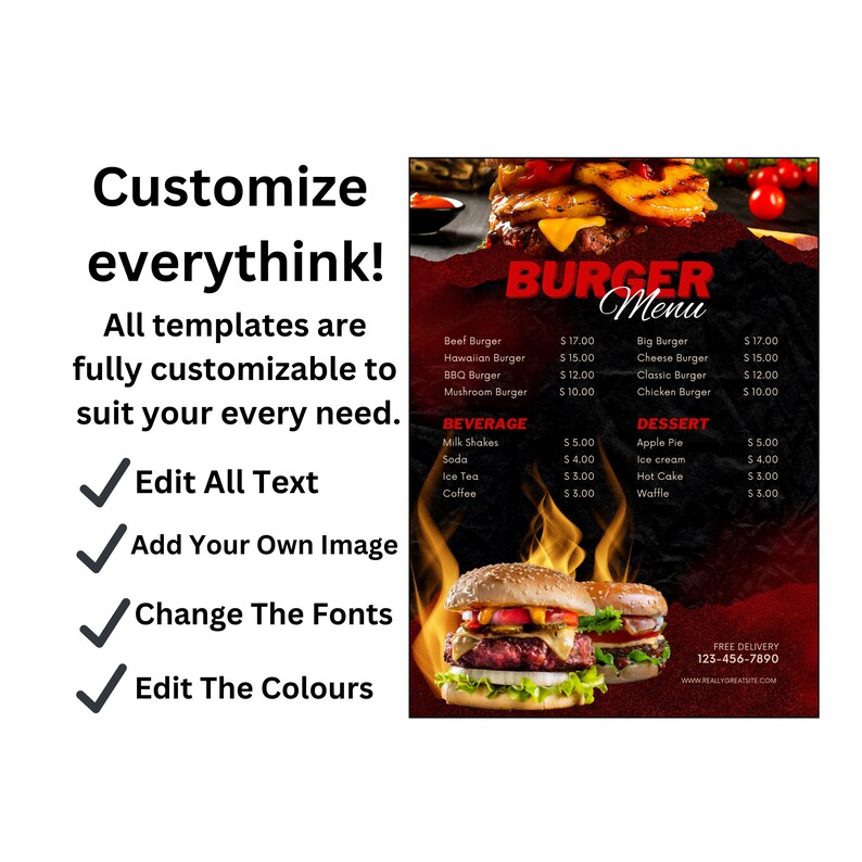 Fast Food Burger Menu Template for Canva, Custom A4 Price List Menu ...