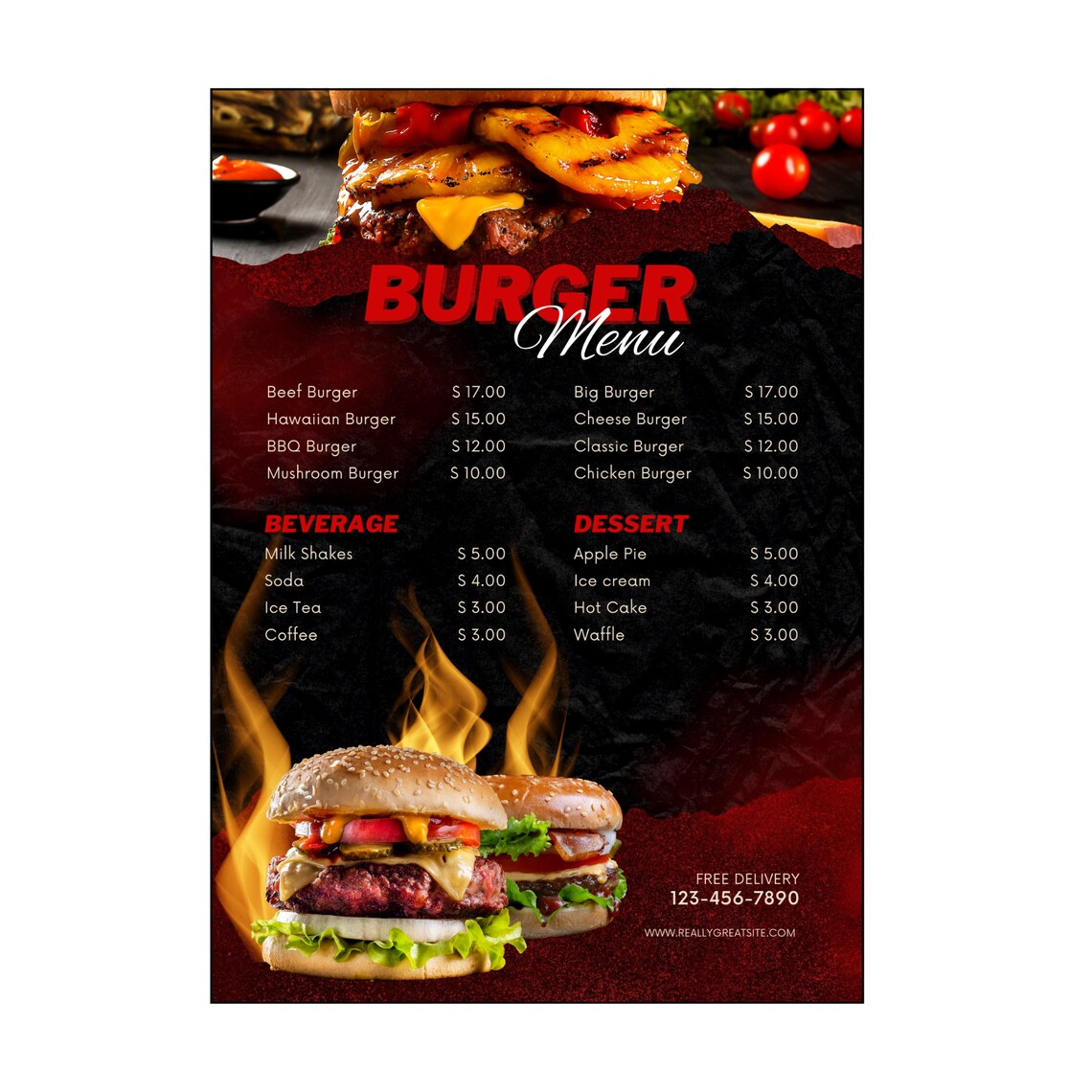 Fast Food Burger Menu Template for Canva, Custom A4 Price List Menu ...