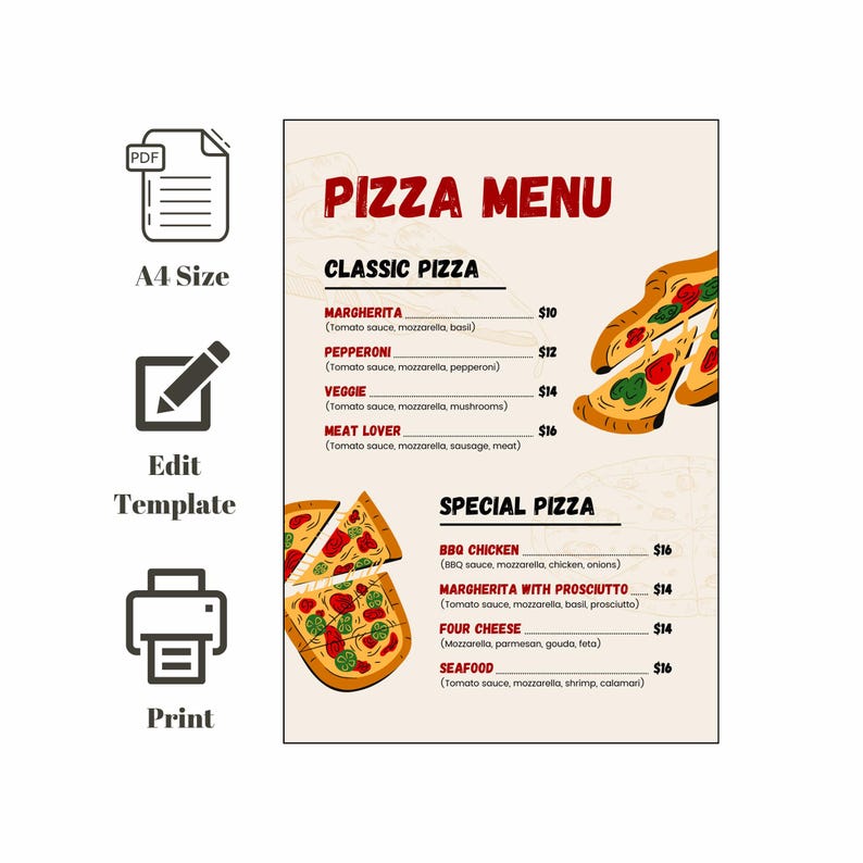 Pizza Menu Template for Canva | Custom A4 Editable Restaurant Menu ...