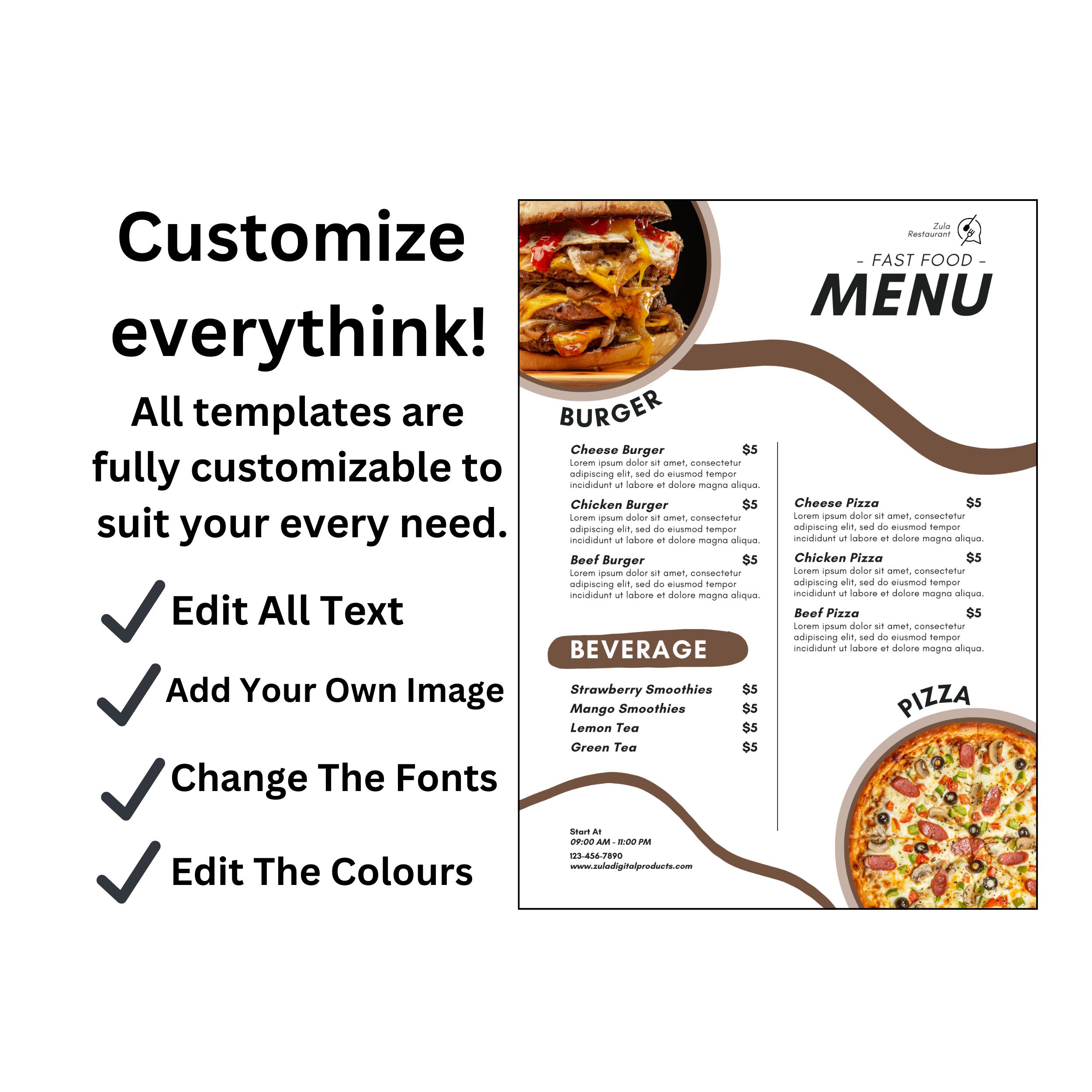 Fast Food Menu Template | Editable Fast Food Menu Template (A4 Size ...