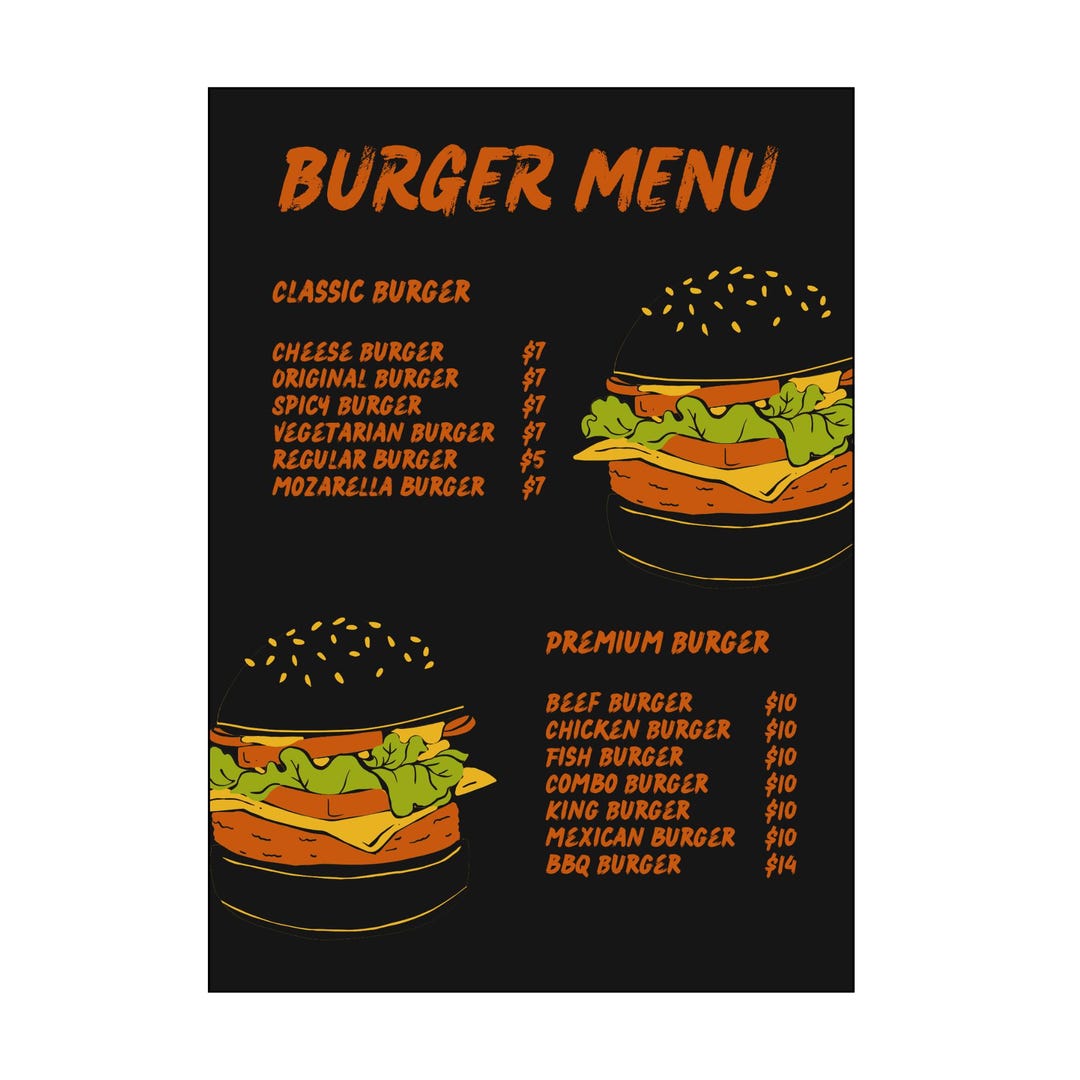 Burger Menu Canva Template A4, Editable & Customizable Fast Food Menu ...