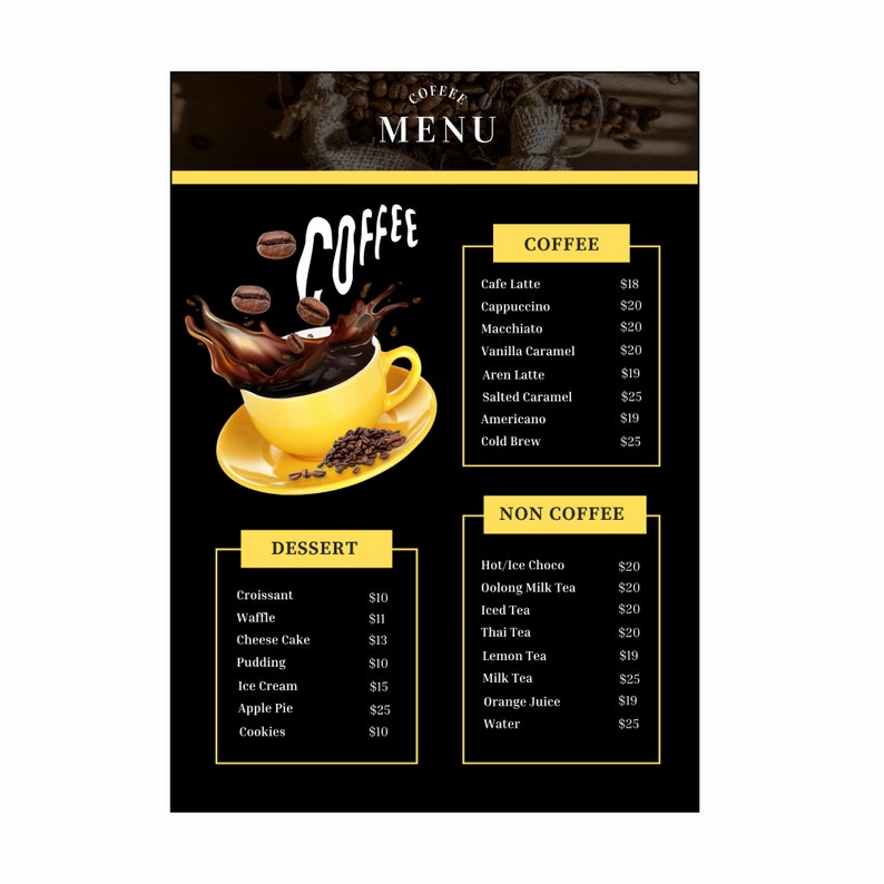 Coffee Menu Template, Customizable Coffee Menu Template, Coffee Shop ...