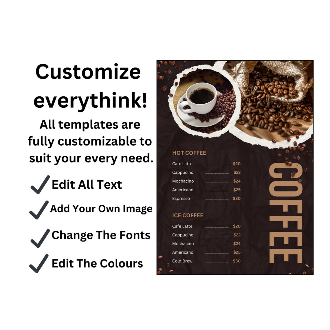 Canva A4 Size Coffee Menu Template, Printable and Editable Café Price ...