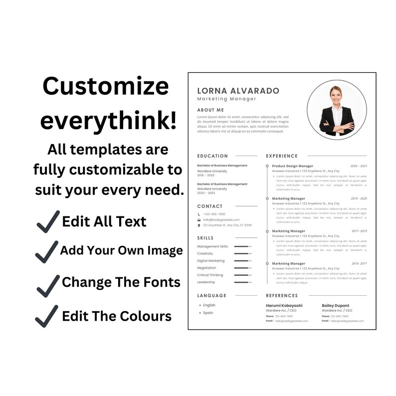 Editable Canva CV Template With Photo, Professional A4 Resume for Job ...