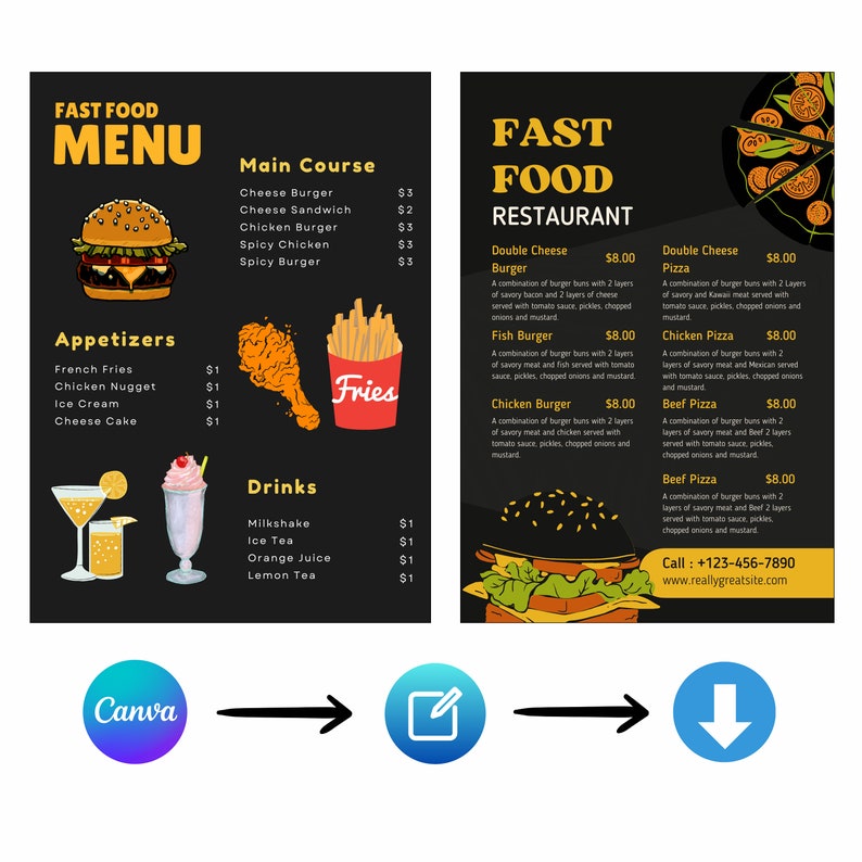 Set of 4 Fast Food Menu Templates Editable Fast Food Menu Templates ...
