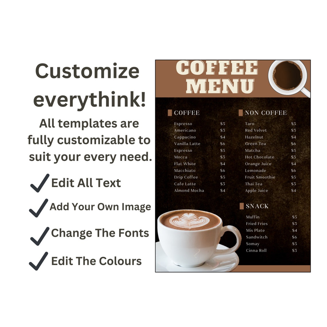 Coffee Bar Menu Template in Canva, Editable A4 Size Café Price List ...