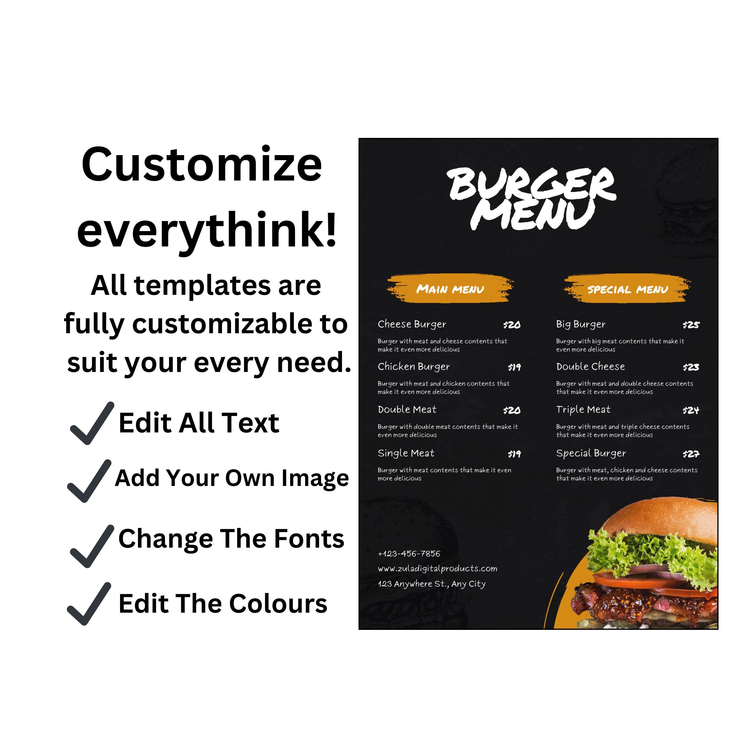 Canva Editable Burger Menu A4, Customizable Price List for Fast Food ...