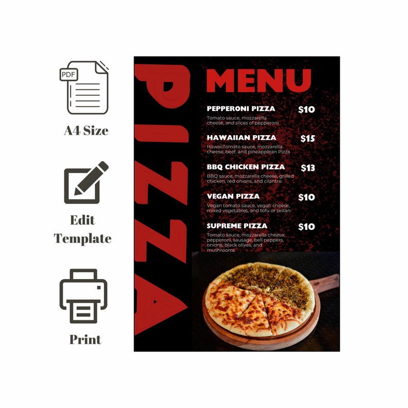 Modern Pizza Menu Template Canva | A4 Editable Restaurant Price Menu ...