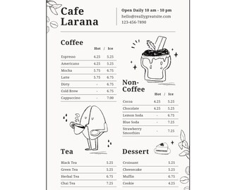Coffee Menu Template, Customizable Coffee Menu Template, Coffee Shop ...