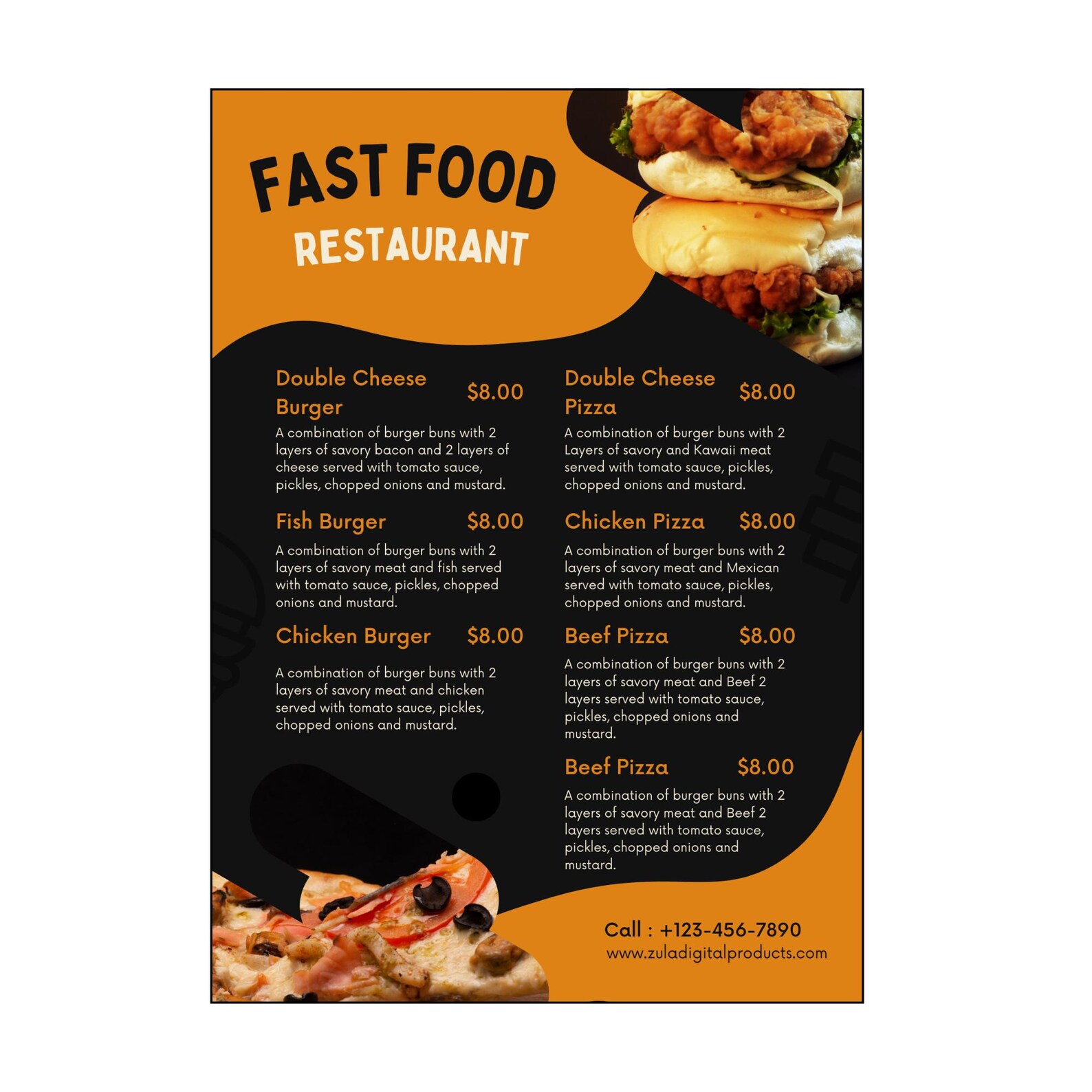 Editable Fast Food Menu Design in Canva | A4 Printable Restaurant ...