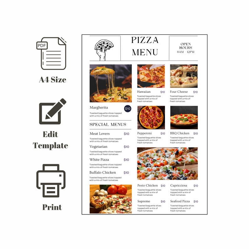 Customizable Pizza Menu for Canva | A4 Editable Restaurant Template ...