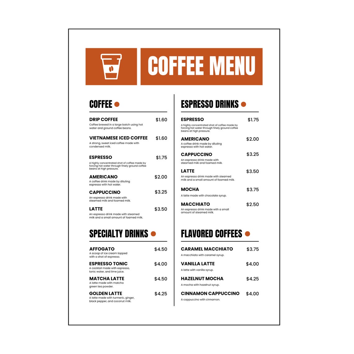 Coffee Menu Template Canva Editable, A4 Size Custom Price List for ...