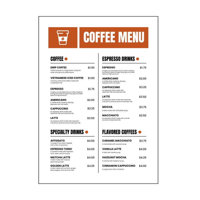 Coffee Menu Template Canva Editable, A4 Size Custom Price List for ...