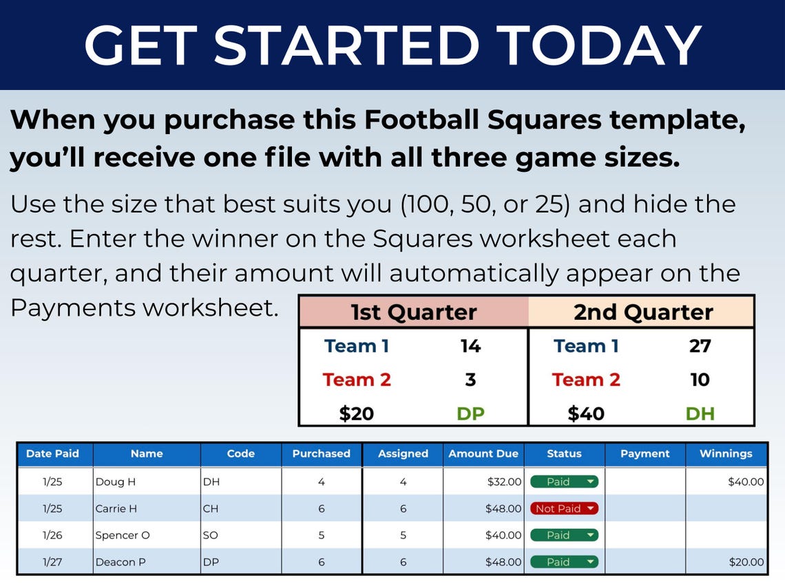 Football Squares Google Sheets Template – Office Pool and Fundraiser ...