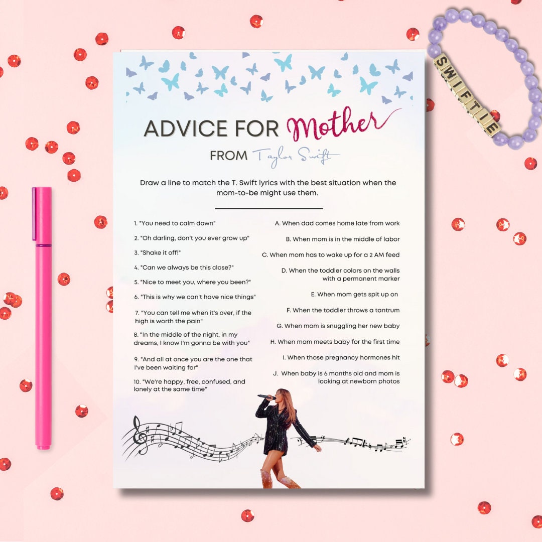Baby Shower Advice Game, Taylor Swift Inspired Baby Shower Game ...