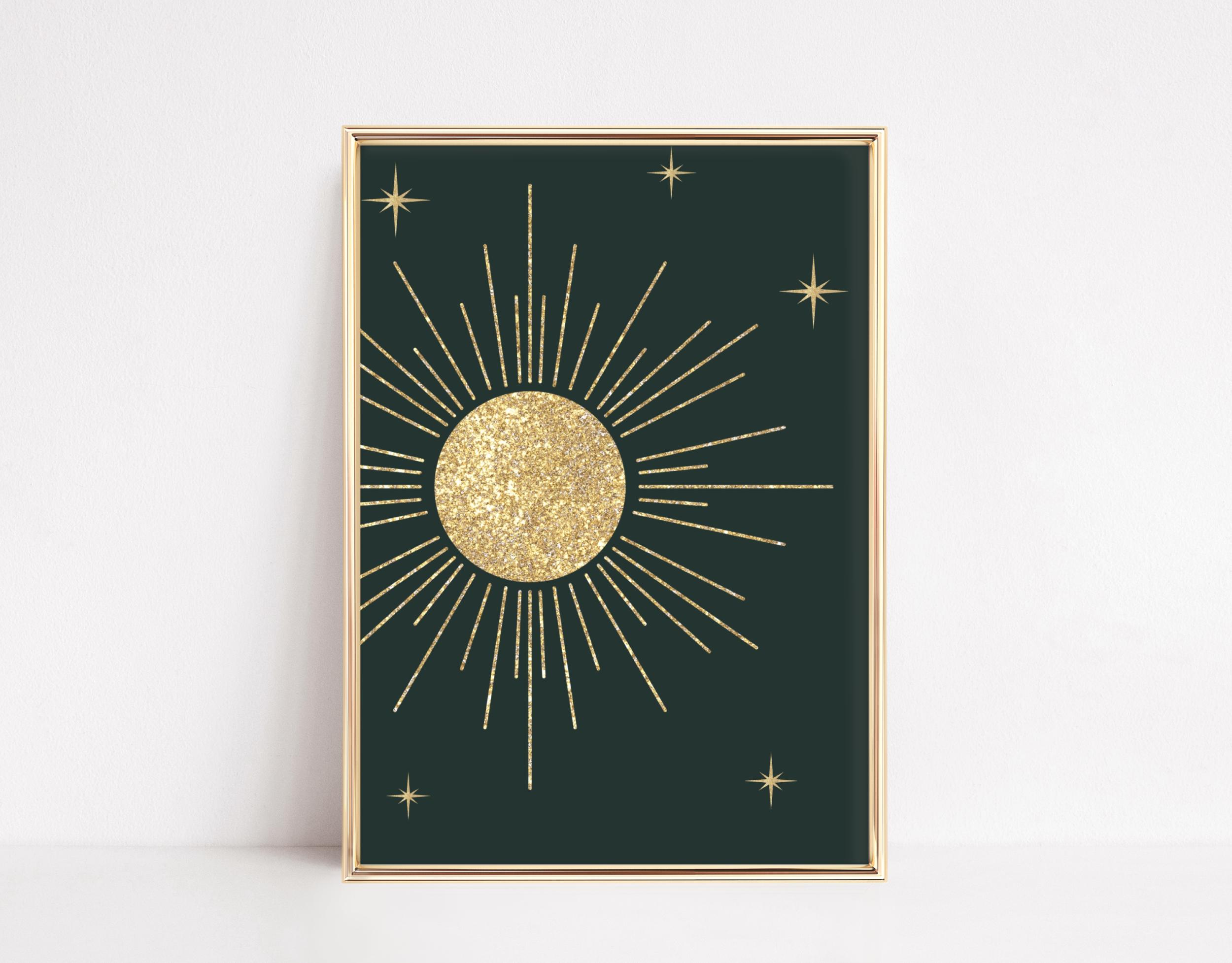 Set of 2 Bohemian Luxe Art Prints - Gold Glitter Celestial Sun and Moon ...
