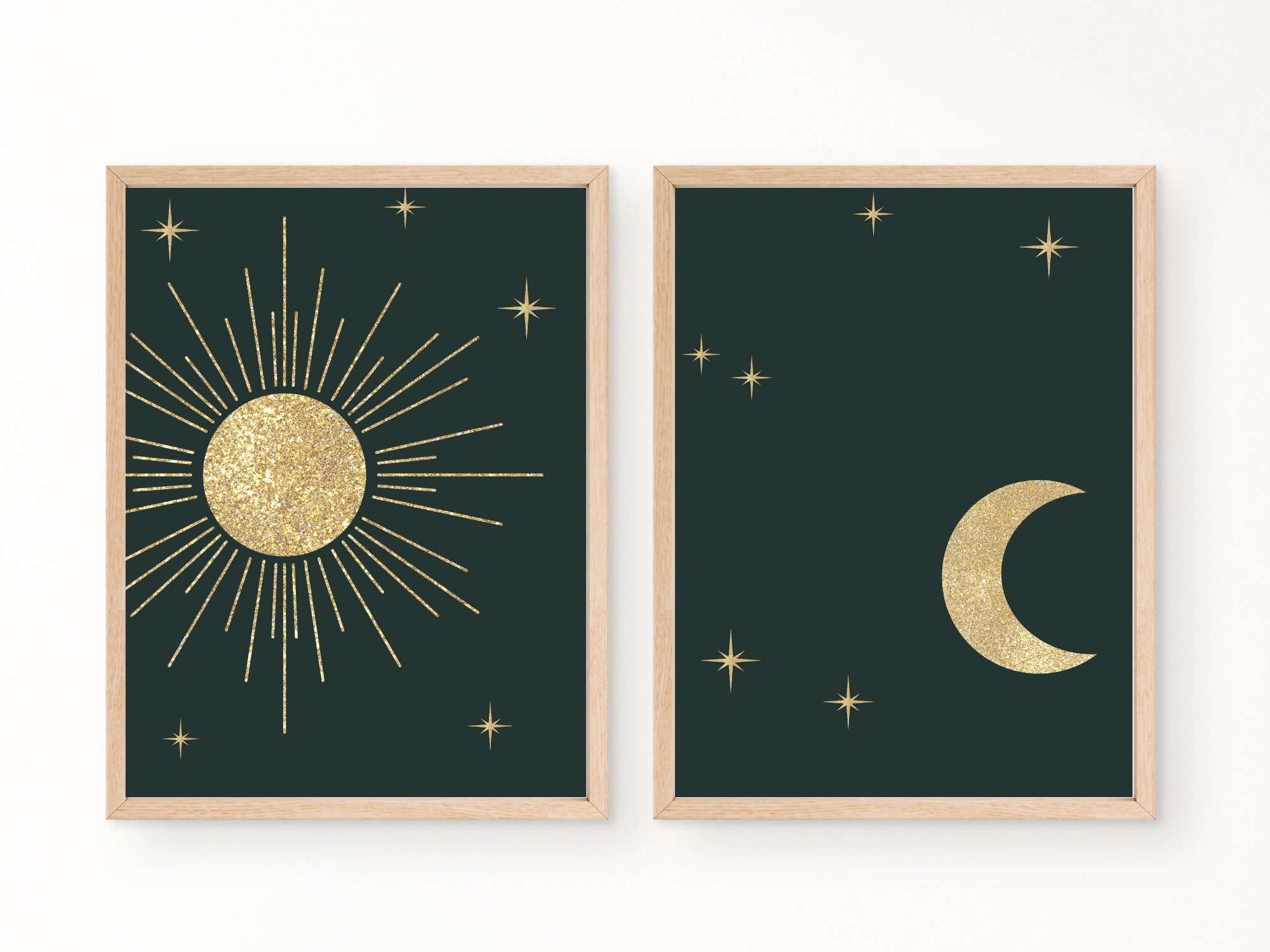 Set of 2 Bohemian Luxe Art Prints - Gold Glitter Celestial Sun and Moon ...