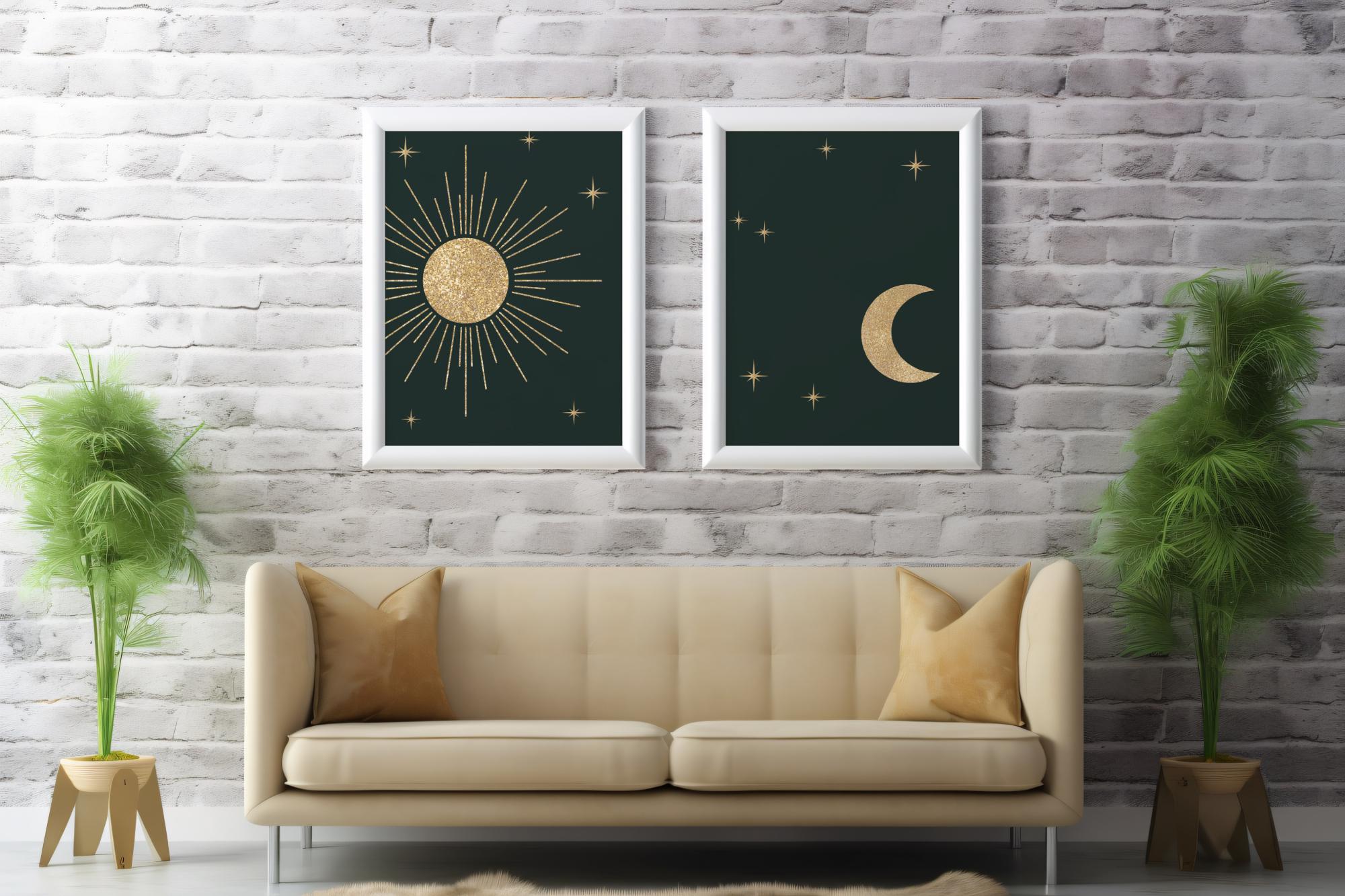 Set of 2 Bohemian Luxe Art Prints - Gold Glitter Celestial Sun and Moon ...