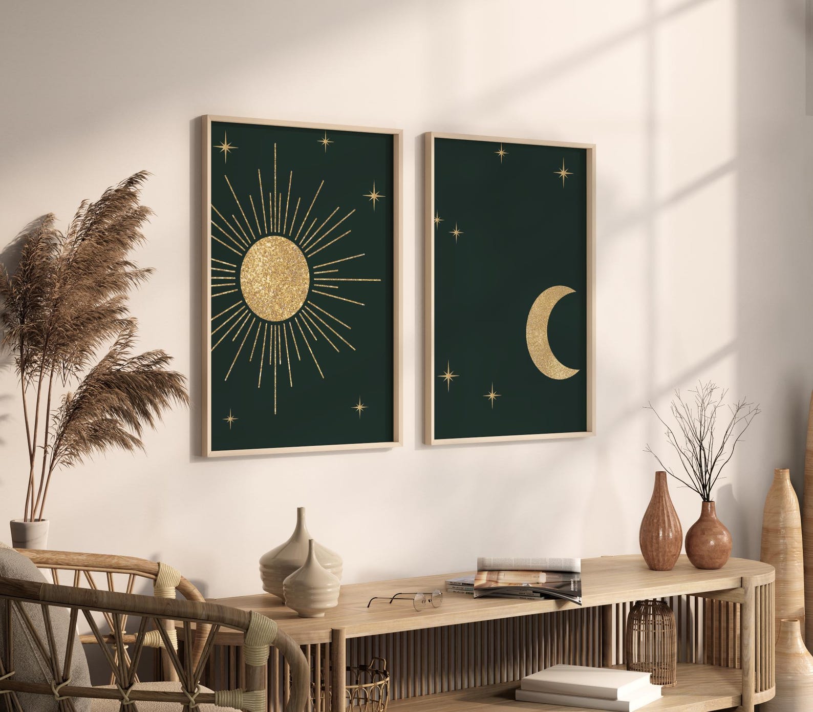 Set of 2 Bohemian Luxe Art Prints - Gold Glitter Celestial Sun and Moon ...