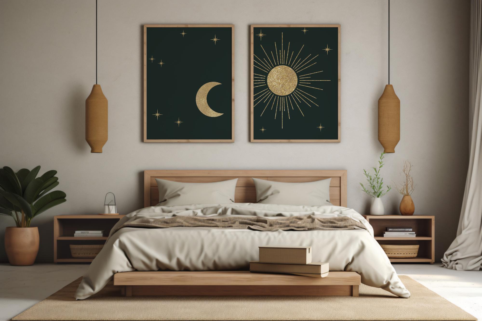 Set of 2 Bohemian Luxe Art Prints - Gold Glitter Celestial Sun and Moon ...