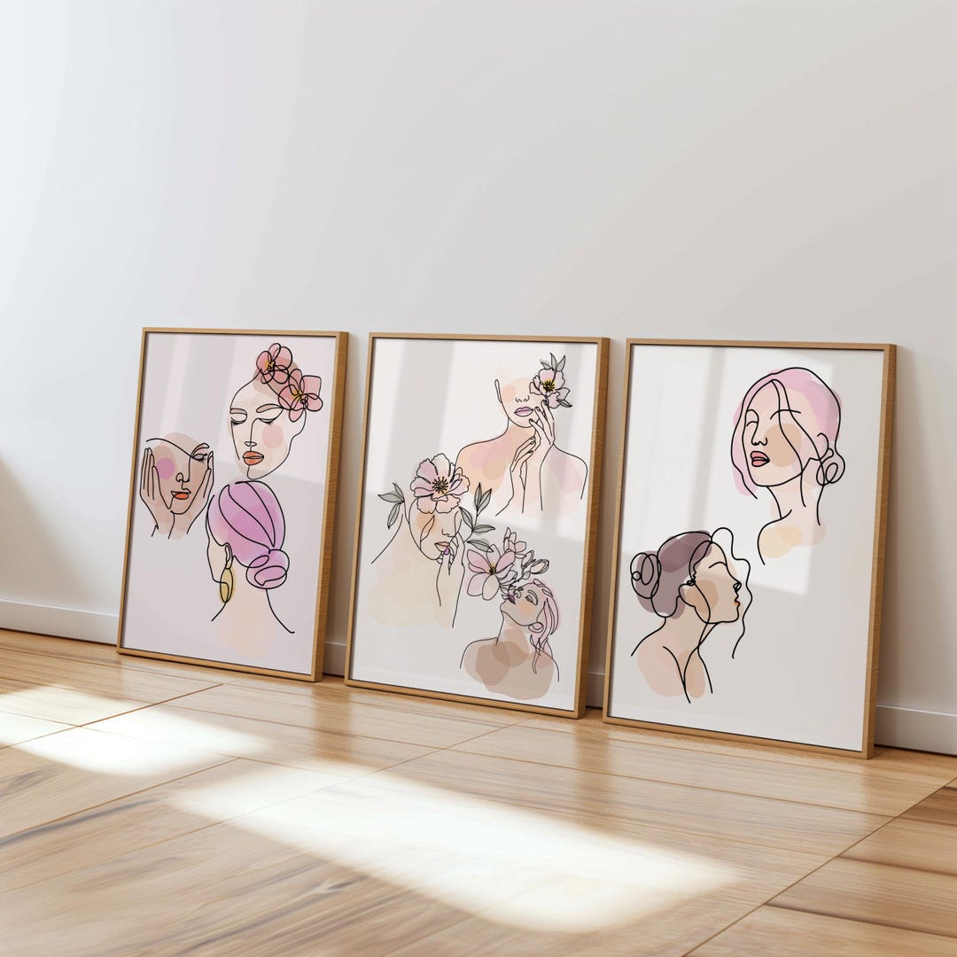 Blush Portraits Set of 3, Pink Watercolor Wall Art, Whimsical Floral ...