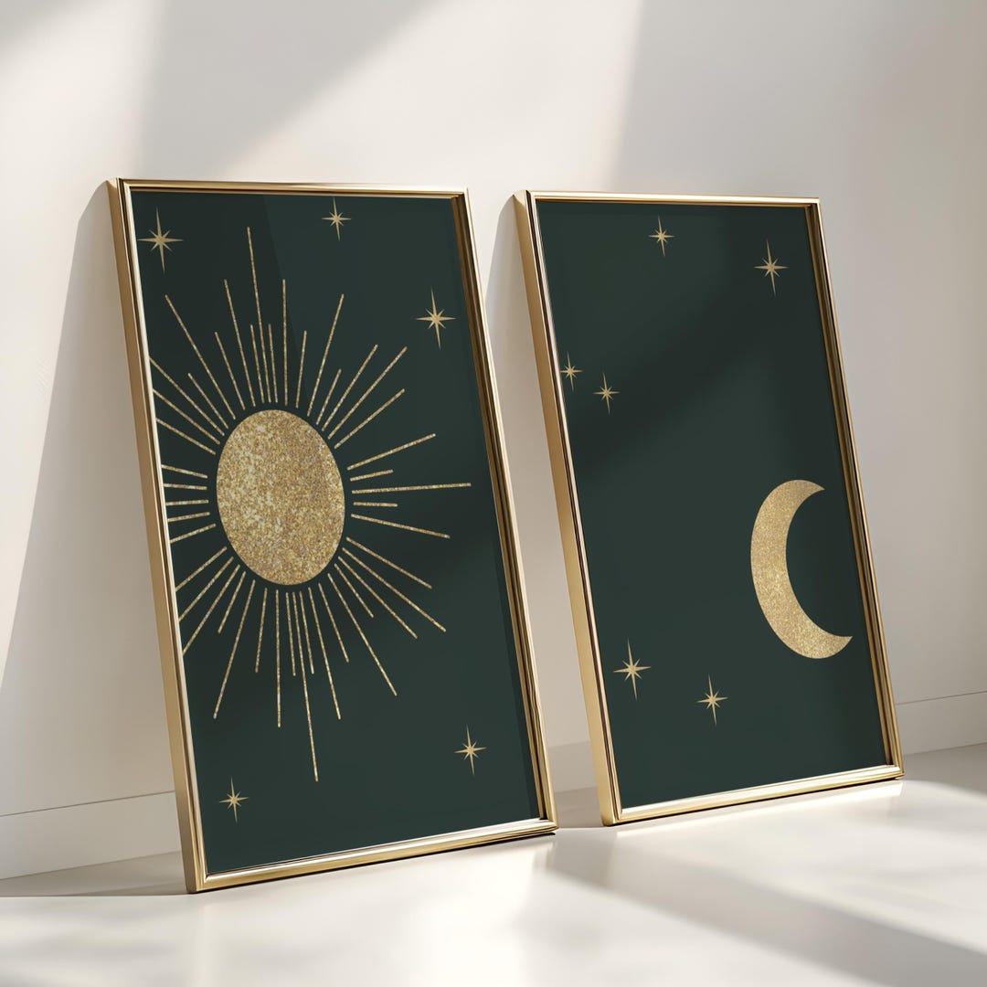 Set of 2 Bohemian Luxe Art Prints - Gold Glitter Celestial Sun and Moon ...
