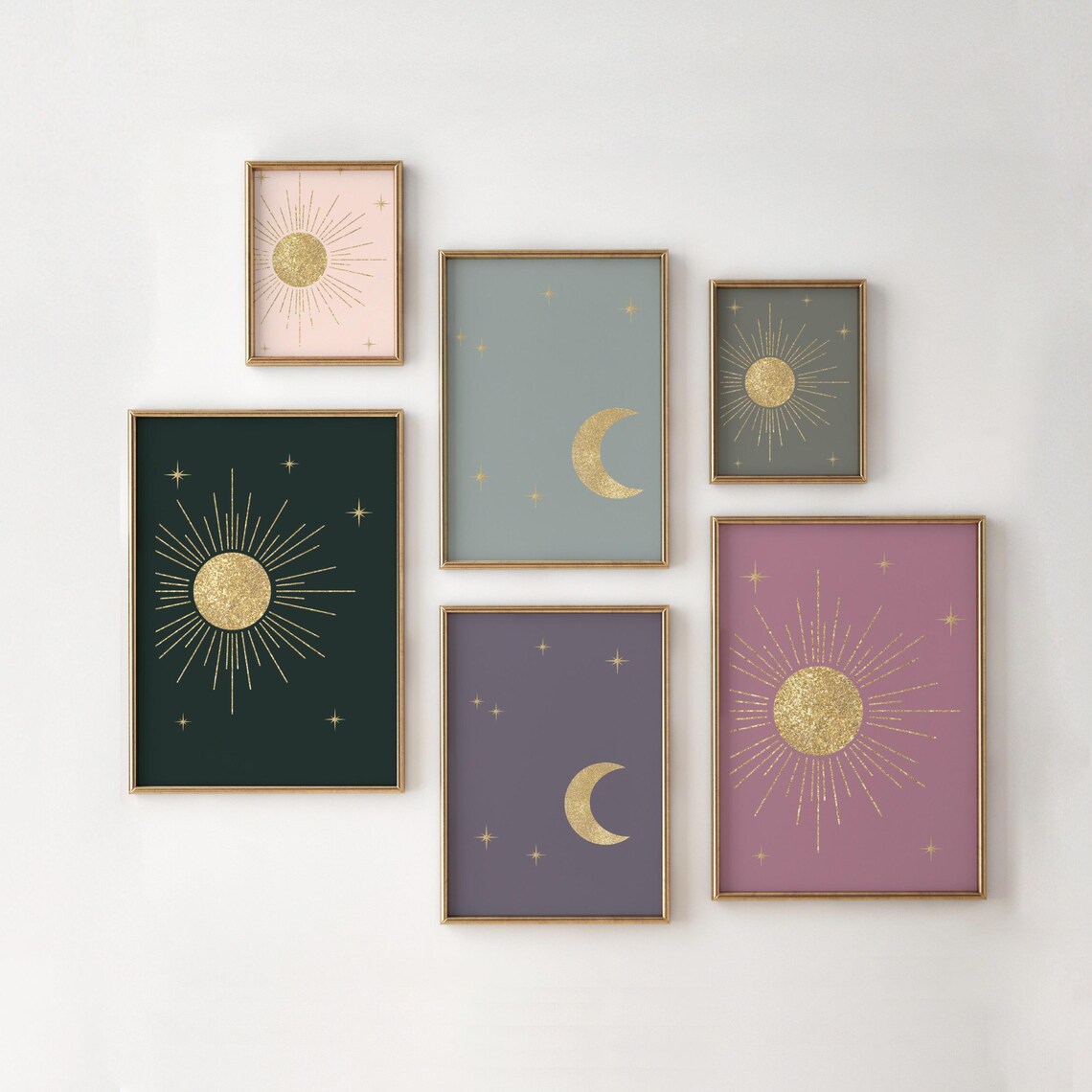 Gold Glitter Celestial Sun and Moon Prints – Boho Luxe Art Set (digital ...