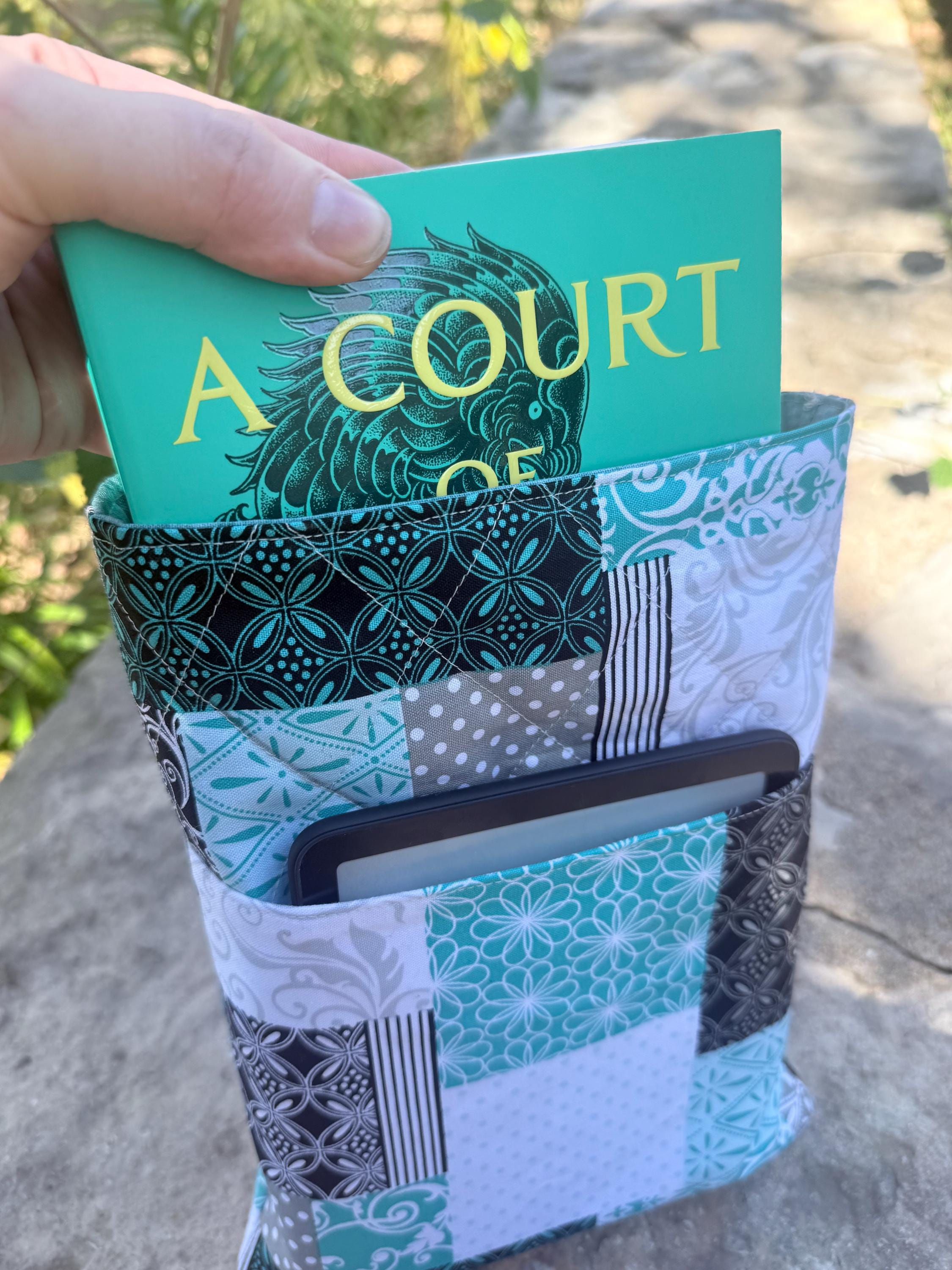 Quilted Book Sleeve With Pocket | Turquoise & Gray Patchwork Cover - Etsy