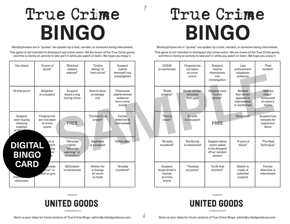 True Crime Bingo - 8 Printable Bingo Cards - Downloadable Bingo Cards ...