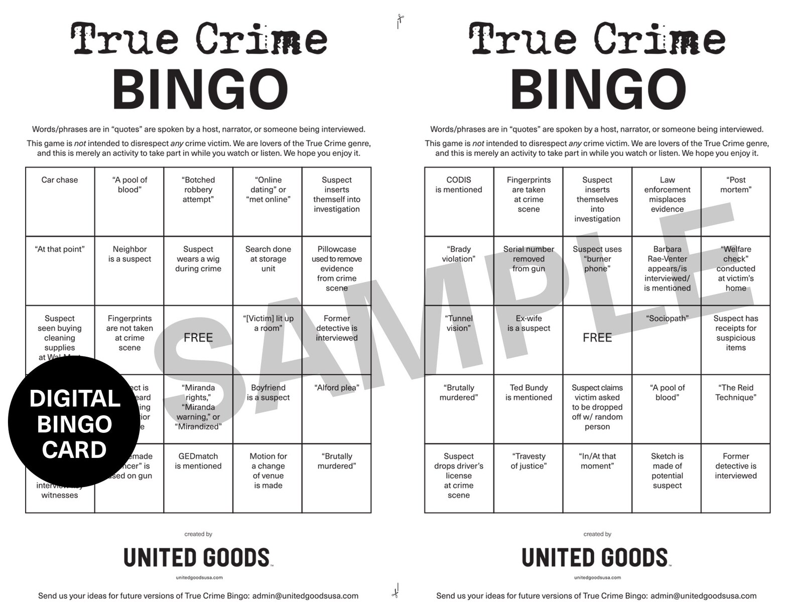 True Crime Bingo - 8 Printable Bingo Cards - Downloadable Bingo Cards ...