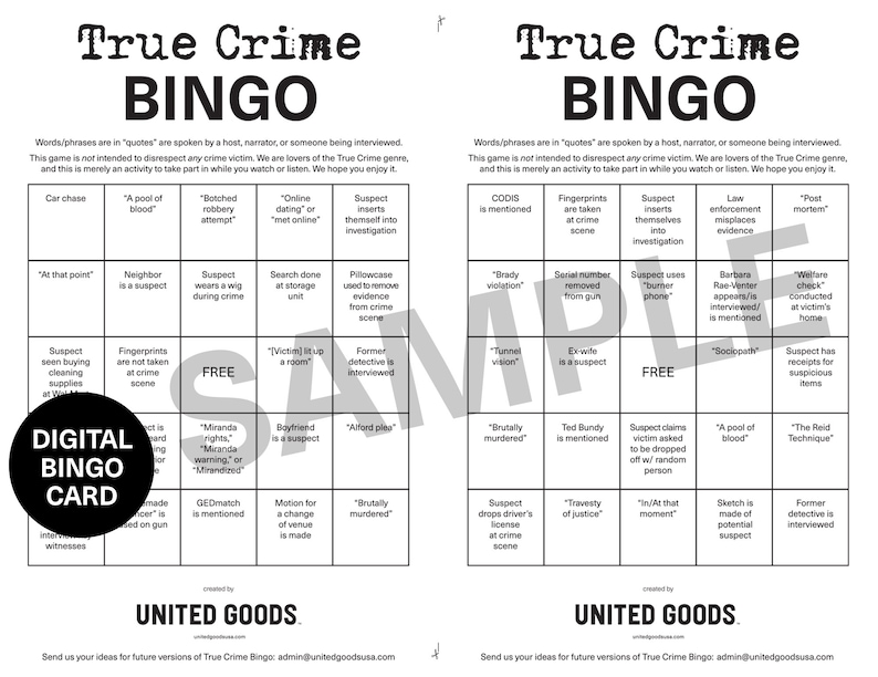 True Crime Bingo - 8 Printable Bingo Cards - Downloadable Bingo Cards ...