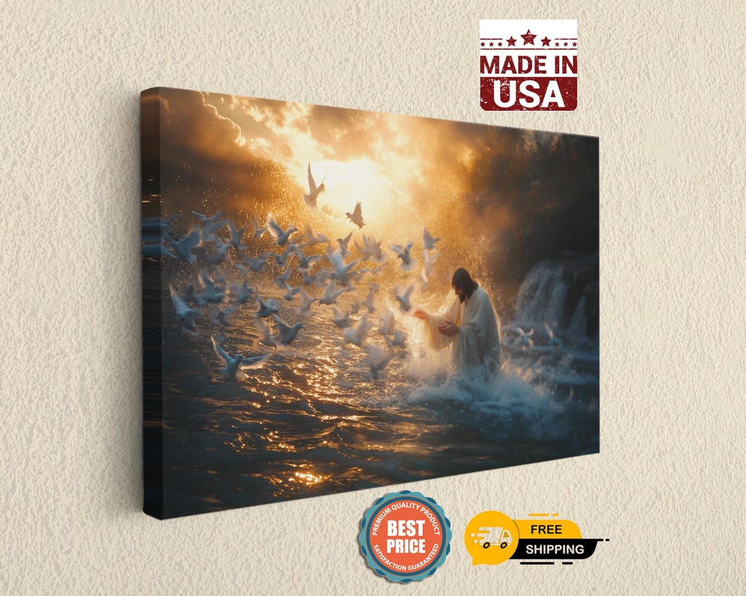Jesus Baptism Art - Christian Wall Decor Canvas Print - Golden Light ...