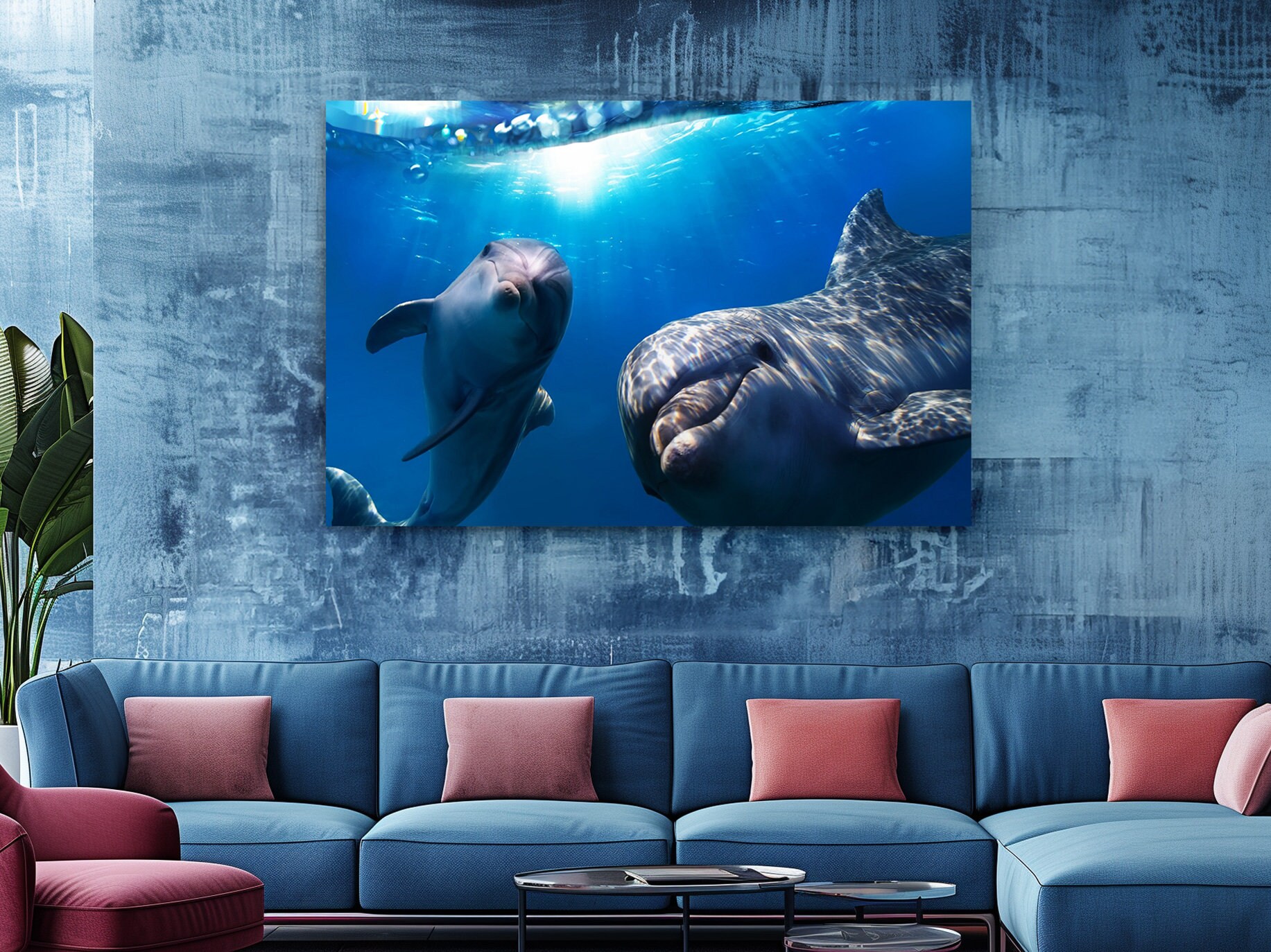 Dolphin Wall Art: Coastal Ocean View Print - Hand-stretched Canvas ...