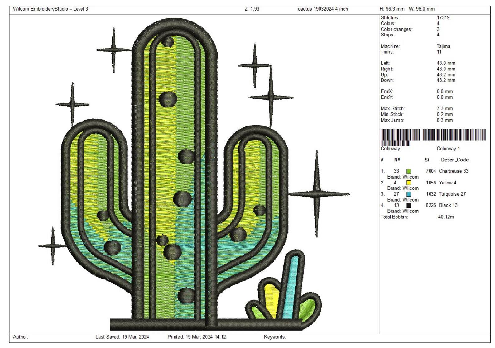 Cactus Patch Machine Embroidery Design, This is Not a Real Product ...