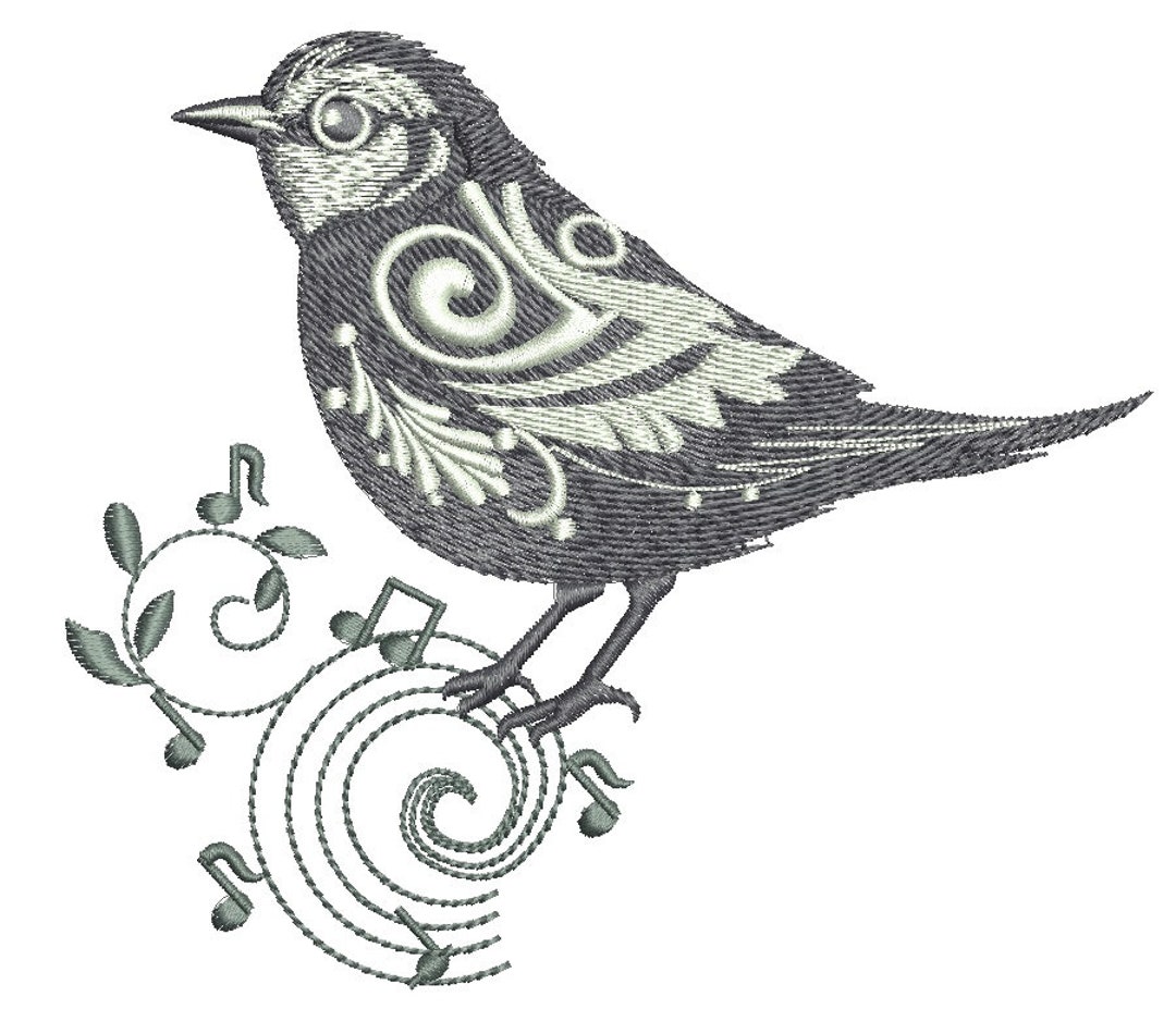 Singing Bird and Notes Music Embroidery Machine Embroidery Design, This ...