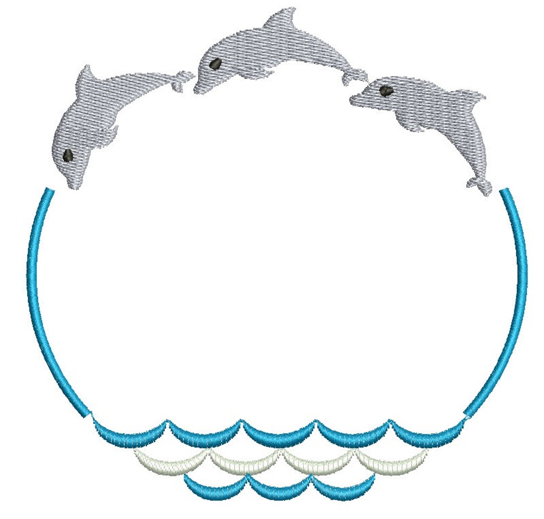 Dolphin and Waves Round Open Space Monogram Frame Machine Embroidery ...