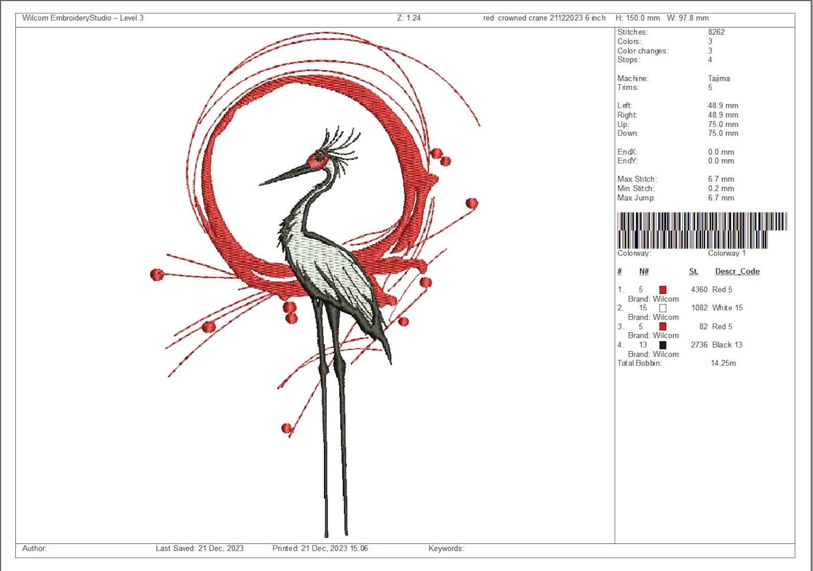 Red - Crowned Crane Machine Embroidery Design, This is Not a Real ...