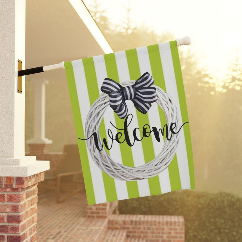 Lime Green Stripe Welcome Garden & House Banner Flags - Etsy