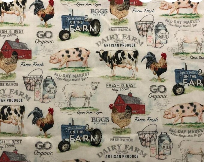 FABRIC- Brother Sister Designs. Farm, Cows, Tractors, Roosters Fabric ...
