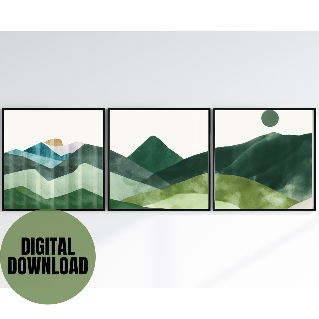 Green Boho Landscape Abstract Art Print Set of 3 Wall Decor Instant ...
