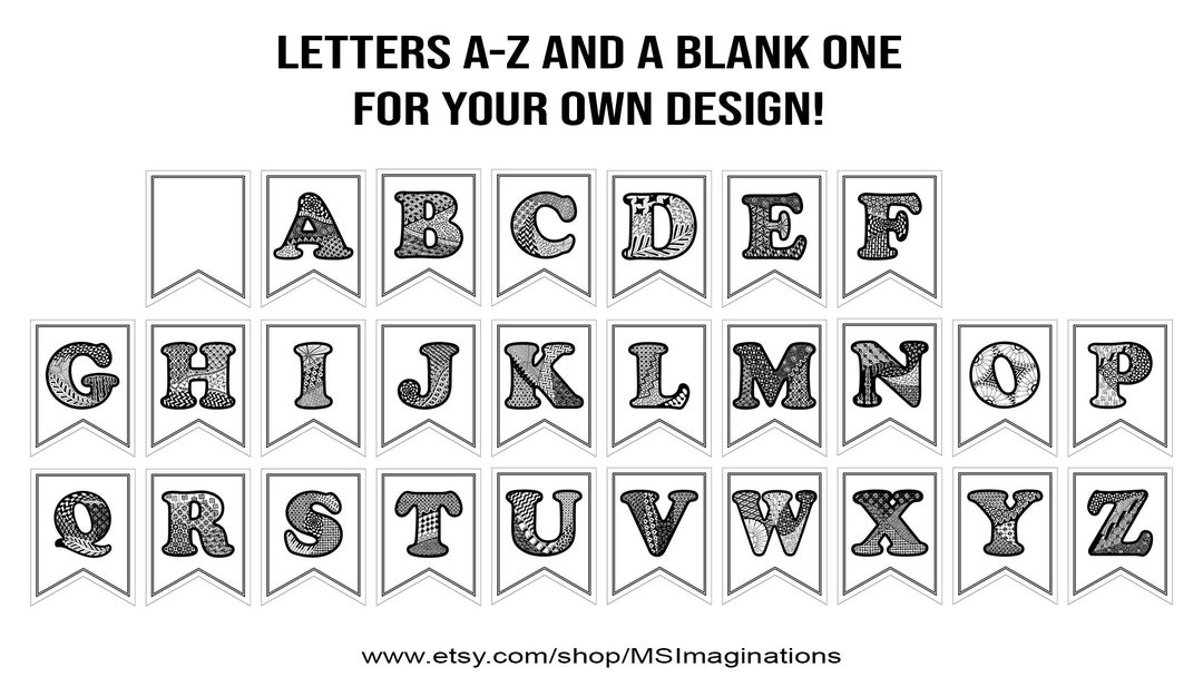 DIY Printable Banner, Hand-drawn Zentangle, Swallowtail, A-Z Alphabet ...