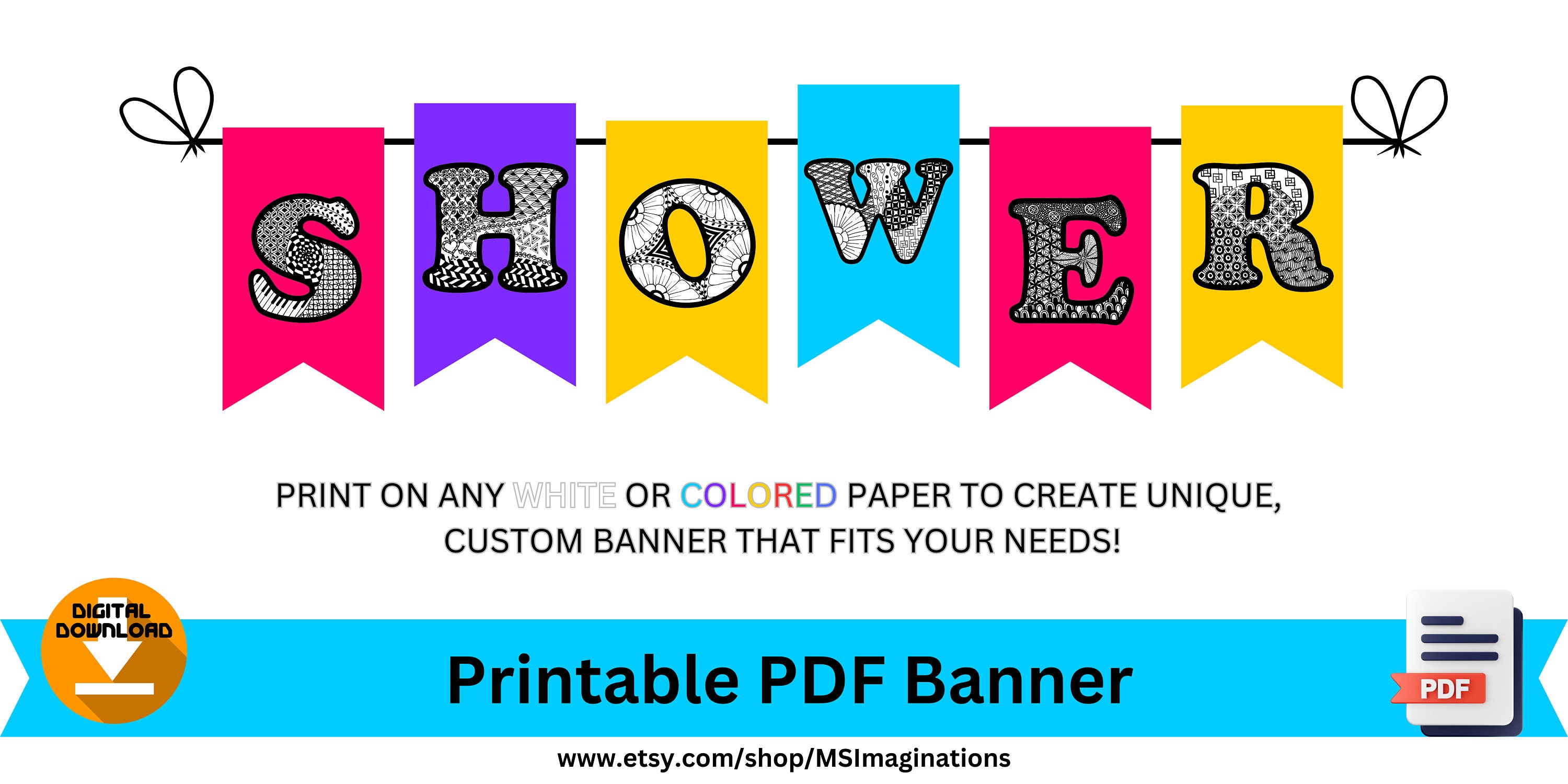 DIY Printable Banner, Hand-drawn Zentangle, Swallowtail, A-Z Alphabet ...