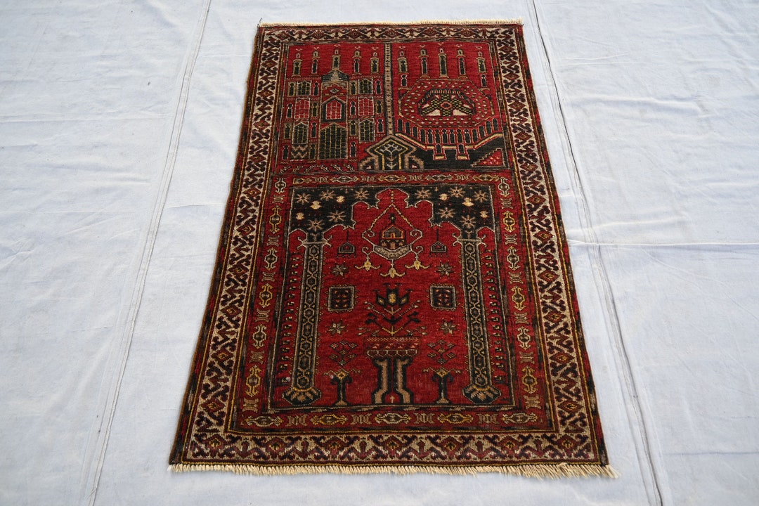 1940s Antique Prayer Rug 3x4 High Pile Rug- Handmade Vintage Rug ...