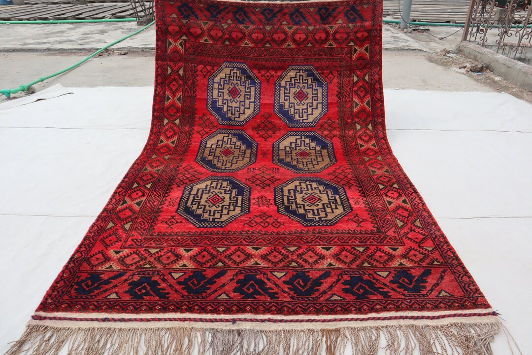 4'7x7'3 Ft Antique Afghan Elephant Foot Rug- Handmade High Pile Vintage ...