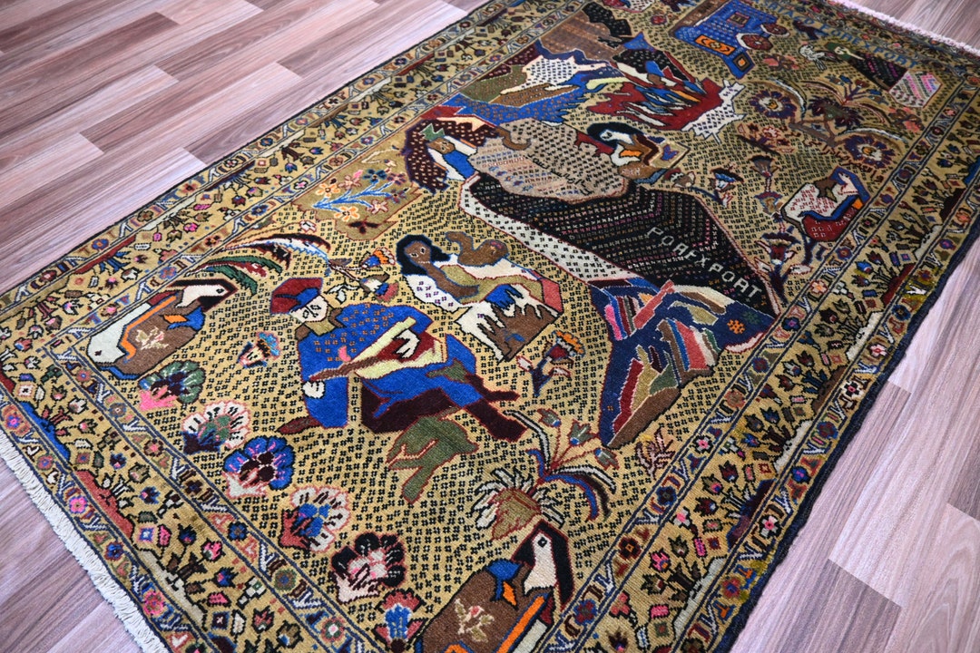 One of a Kind Pictorial Art Human Rug Afghan Handmade Wool Rug Vintage ...