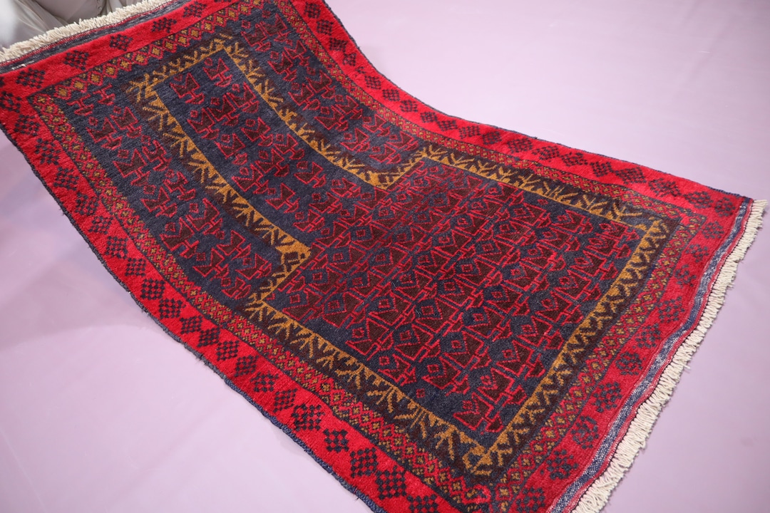 2.8x4.3 Afghan Baluchi Prayer Vintage Area Rug- Handmade Wool Rug ...