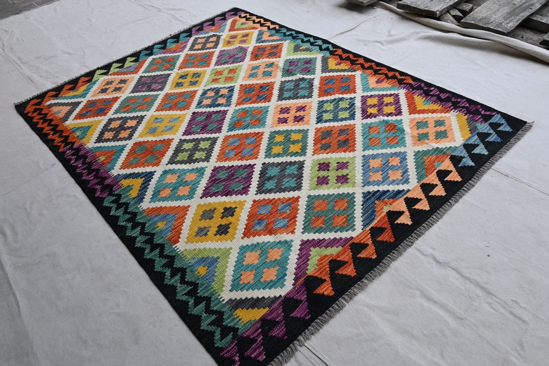 5x6 Wool Rug- Handmade Afghan Rug, Colorful Rug- Flatweave Kilim Rug ...