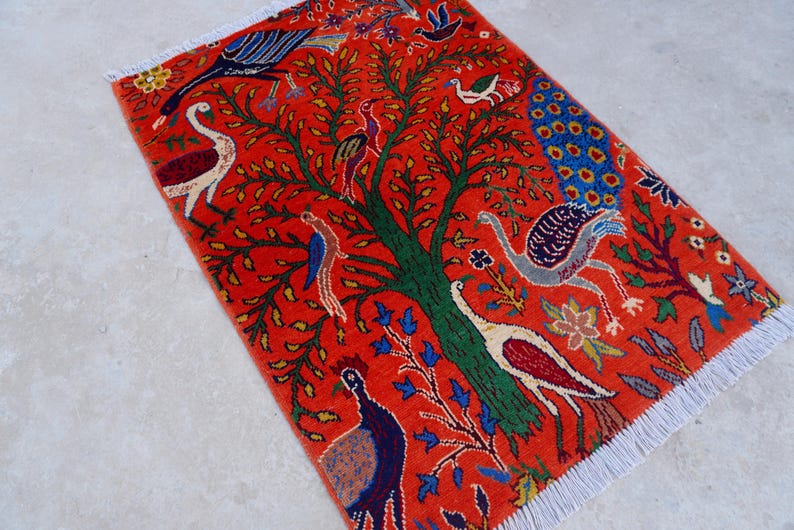 3x4 Ft Afghan Pictorial Orange Area Rug- Handmade Wool- 85x120 Cm ...