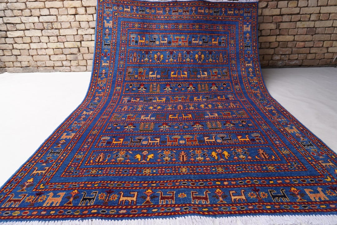Royal Blue Rug 6x8 Antelopes Pictorial Rug- Afghan Rug- Hand Knotted ...