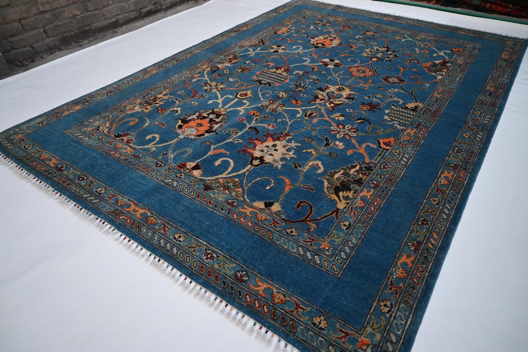 Large Blue Rug 7x10 Afghan Bijdar Rug- Handmade Rug- Floral Oushak Rug ...